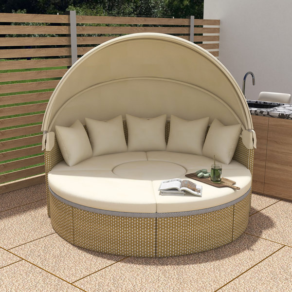 Bayou Breeze Patio Round Rattan Daybed Two-Tone Weave Sunbed With Retractable Canopy And ...